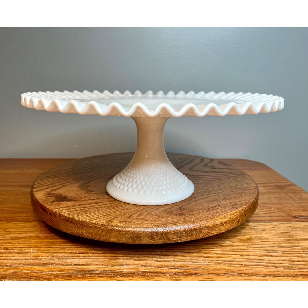 Vintage Fenton White Milk Glass Hobnail Cake Stand Plate Ruffled ...