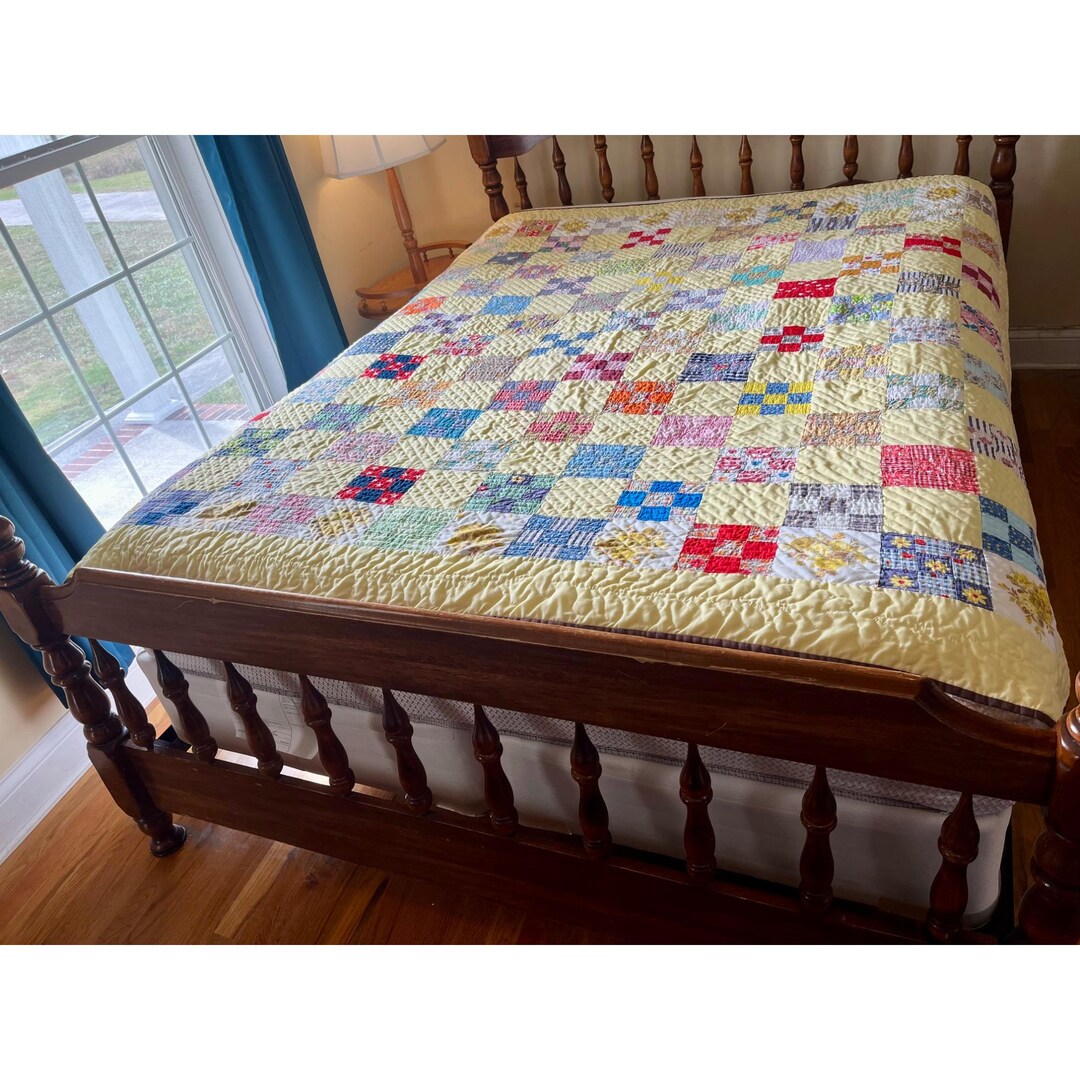 Hand Sewn 9 Patch Design Patchwork Quilt Full Size Yellow & Multi-color ...