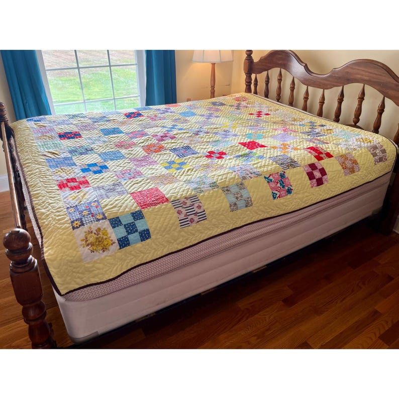 Hand Sewn 9 Patch Design Patchwork Quilt Full Size Yellow & Multi-color ...