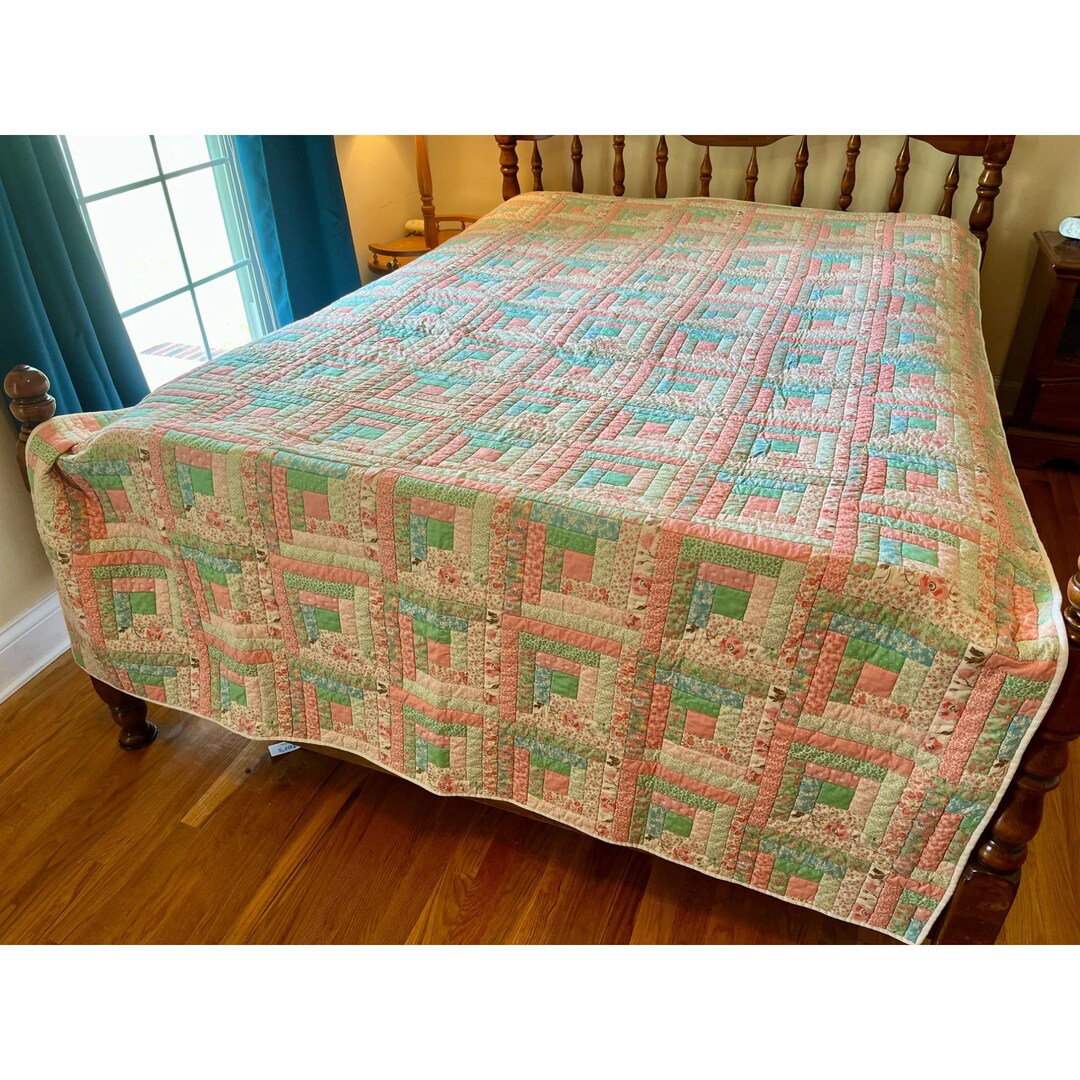 Vintage Handstitched Queen Size Patchwork Quilt in Log Cabin Pattern - Etsy