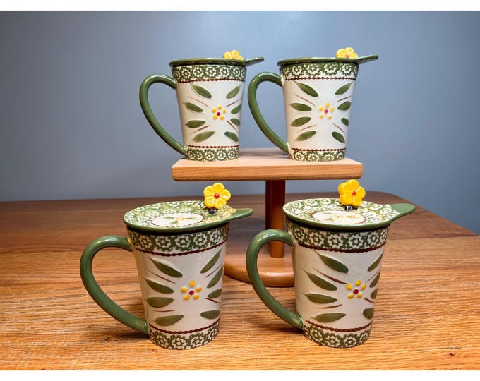 Temp-tations Old World Green Mugs With Lids & Daisy Spoons - Set of 4 ...