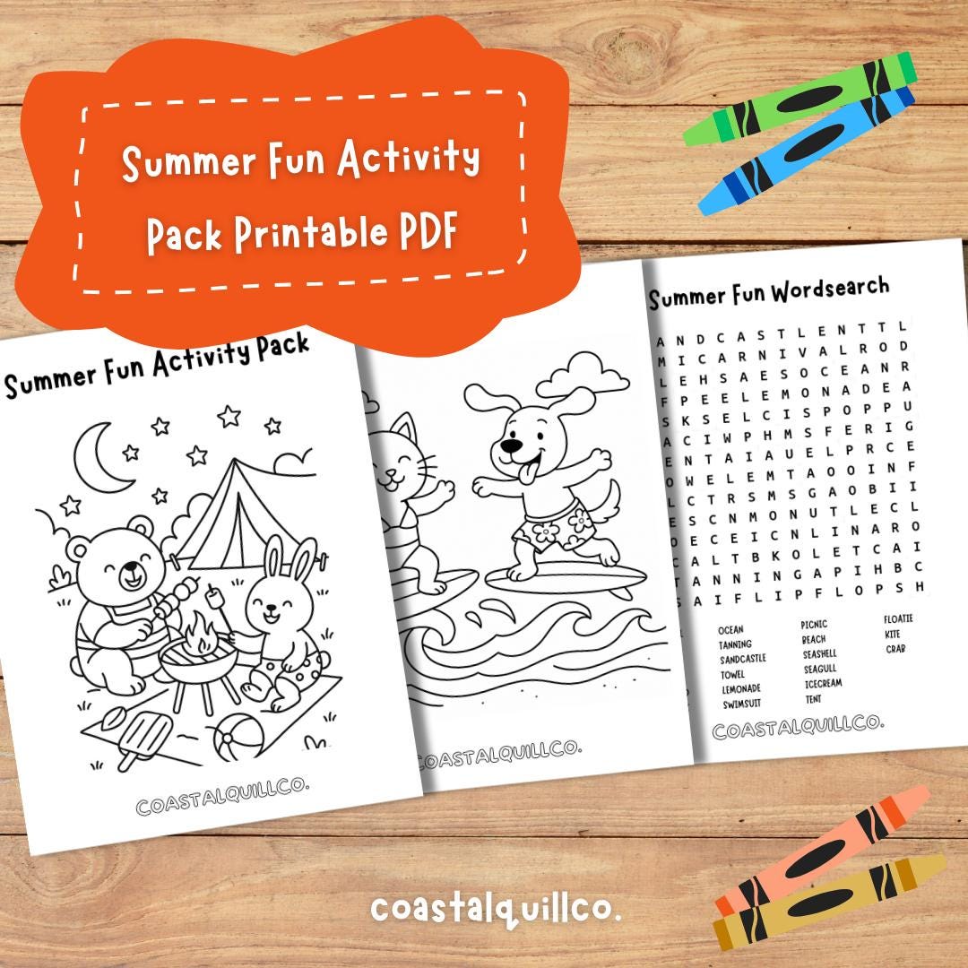 Summer Fun Kids Activity Pack – Coloring Pages + Word Games (printable ...