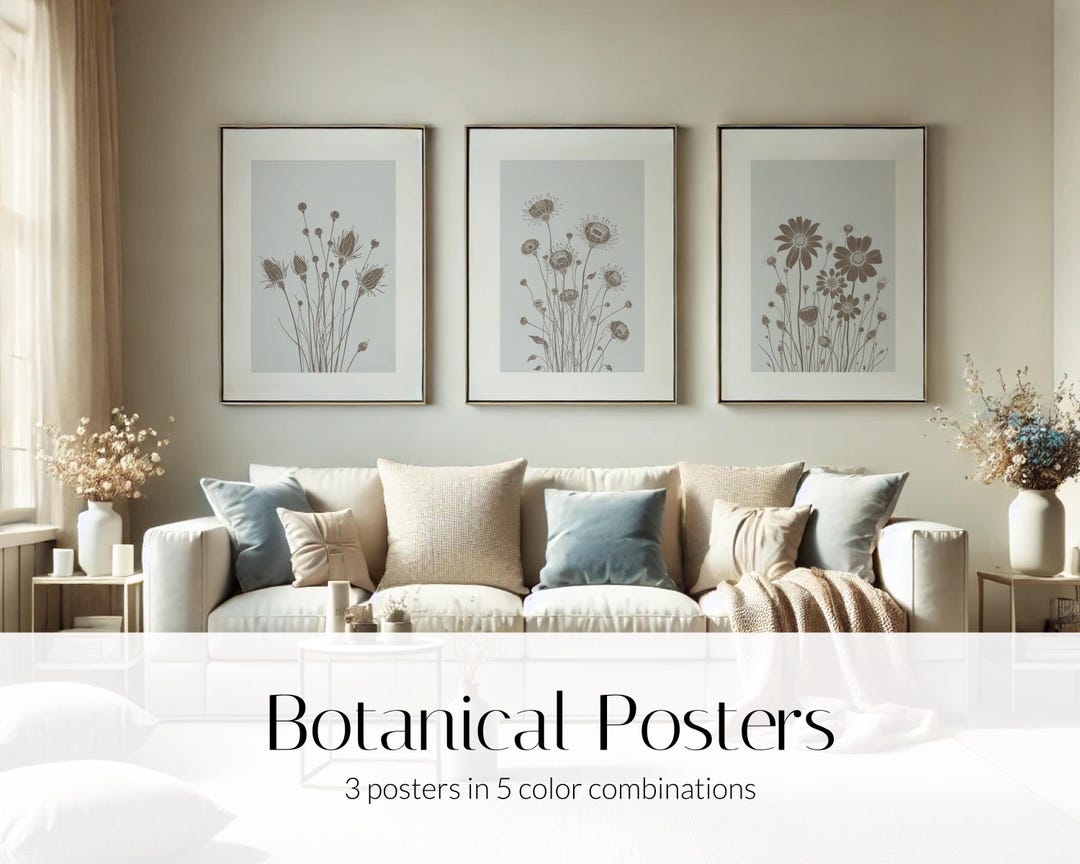 Botanical Prints Gallery Wall Set | Neutral Floral Trio | Minimalist ...