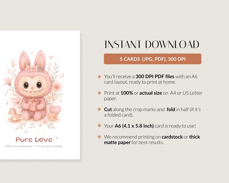 Labubu Birthday Card, DIGITAL Download, A6 Printable, Kawaii Pop Mart ...