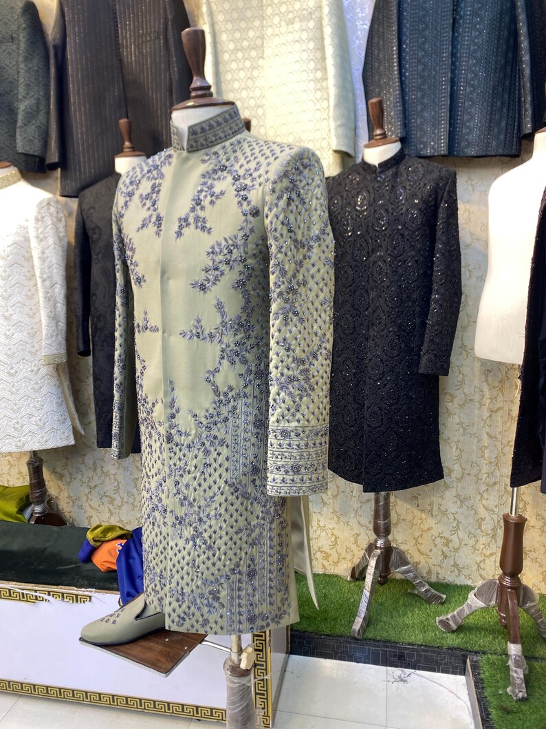 Hand Embroidered Light Olive Sherwani: Indian Wedding Groom Outfit ...