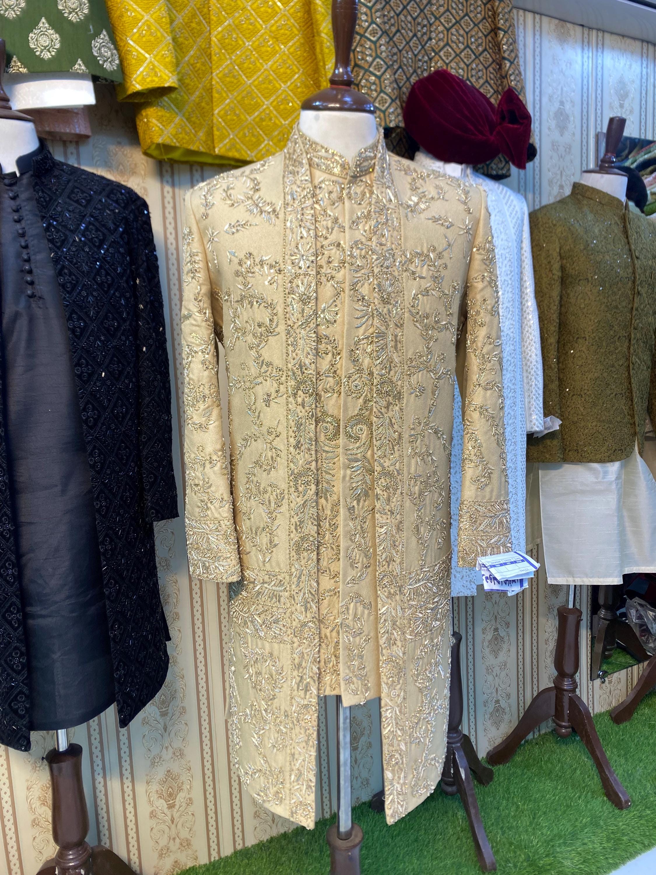 Golden Sherwani for Men, Handmade Sherwani, Wedding Dress, Indian Groom ...