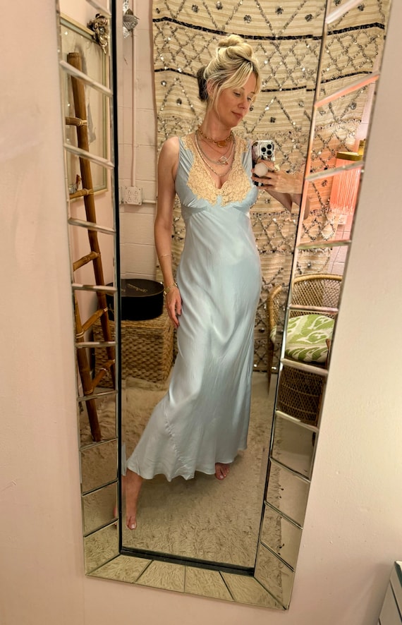 1930s Baby Blue Silk Slip Dress with Deco Lines + Ant… - Gem