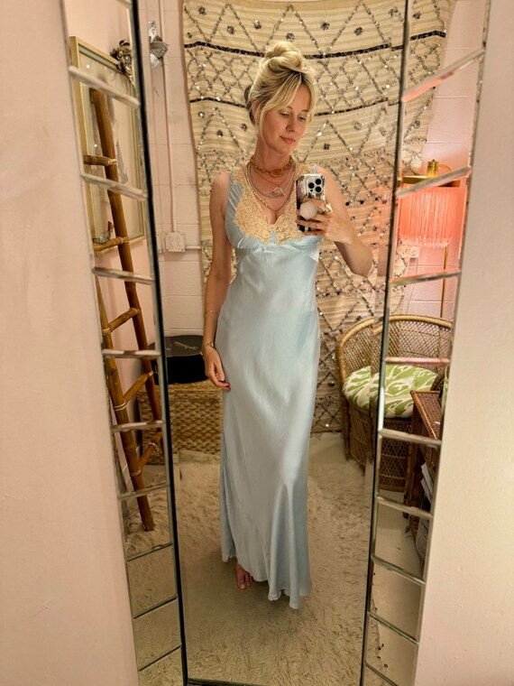 1930s Baby Blue Silk Slip Dress with Deco Lines + Ant… - Gem