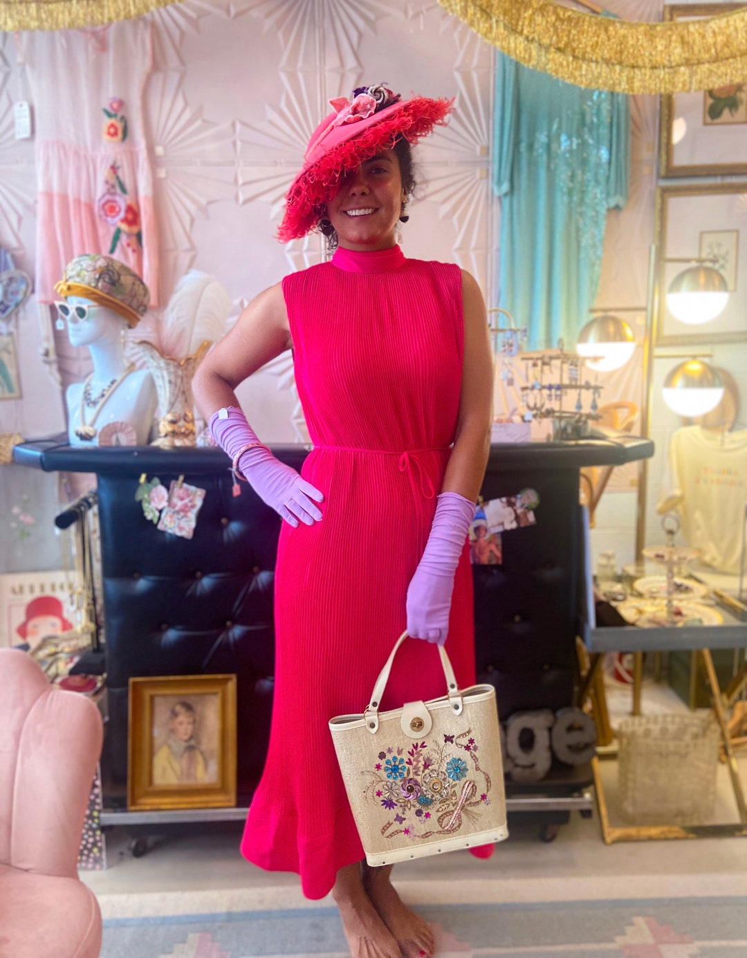 Milly Hot Pink Pleated Sleeveless Maxi Dress With Sash Tie - Etsy