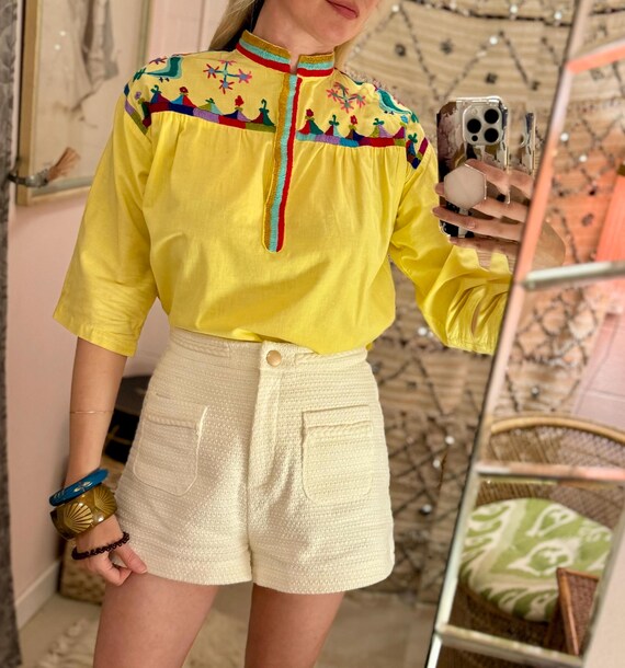 1960s Mexican Cotton Yellow Top with Colorful Embroid… - Gem