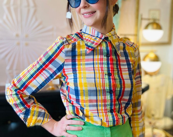 1960s Mod Cotton Seersucker Blouse With Primary Colored Plaid - Etsy