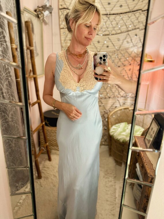 1930s Baby Blue Silk Slip Dress with Deco Lines + Ant… - Gem