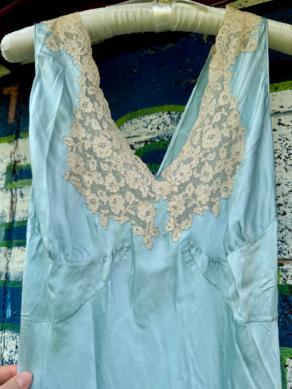 1930s Baby Blue Silk Slip Dress with Deco Lines + Ant… - Gem