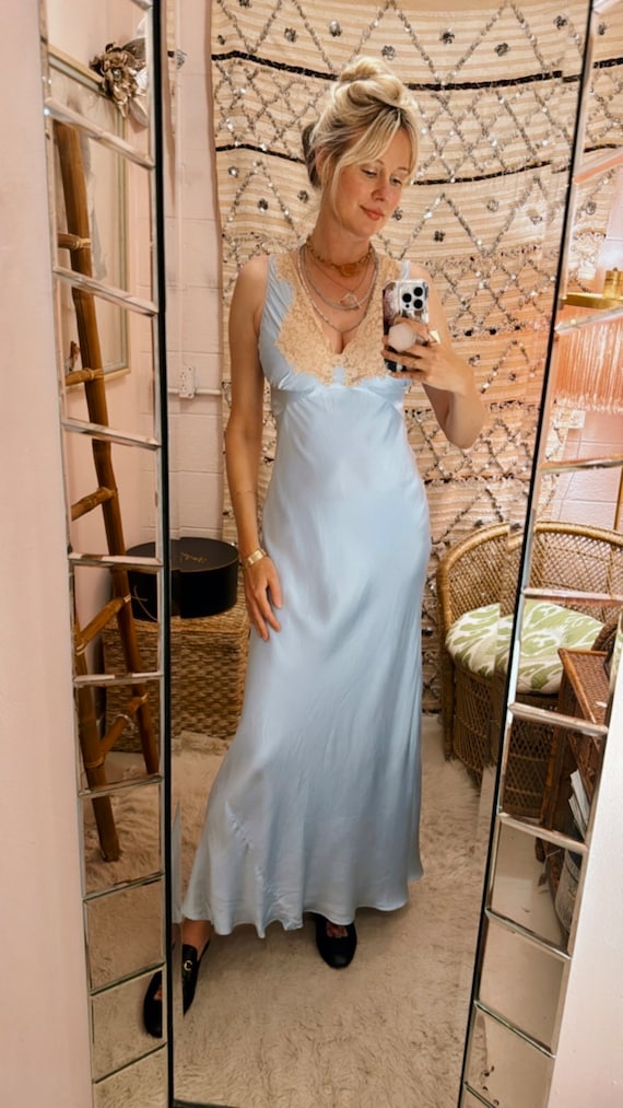 1930s Baby Blue Silk Slip Dress with Deco Lines + Ant… - Gem