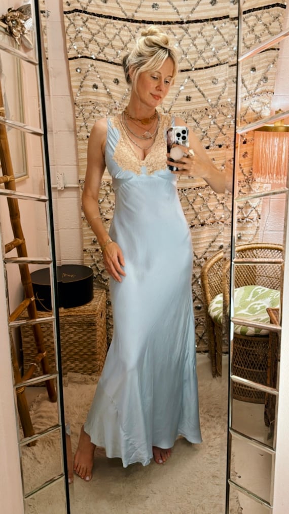 1930s Baby Blue Silk Slip Dress with Deco Lines + Ant… - Gem