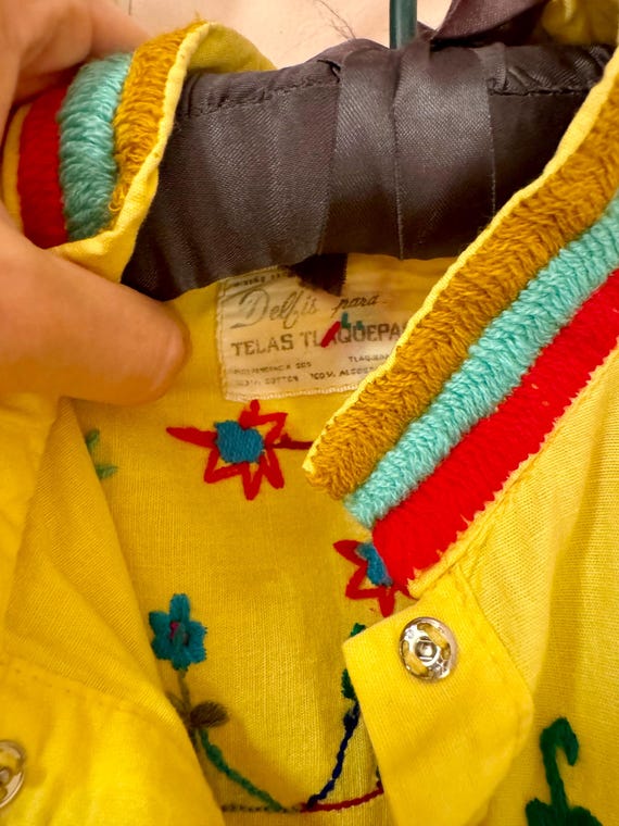 1960s Mexican Cotton Yellow Top with Colorful Embroid… - Gem