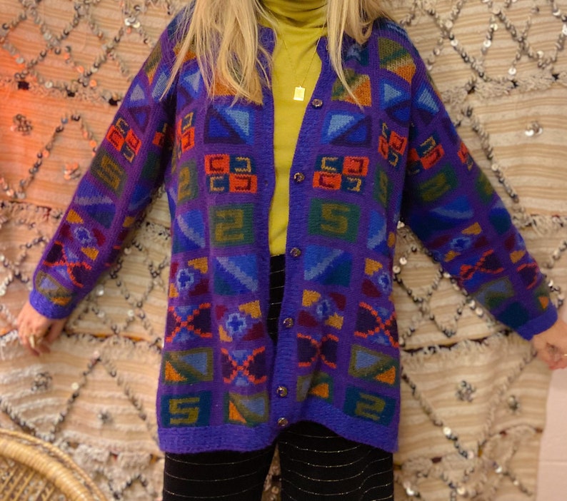 1980s Colorful Peruvian Alpaca Cardigan With Geometric Print Hand ...