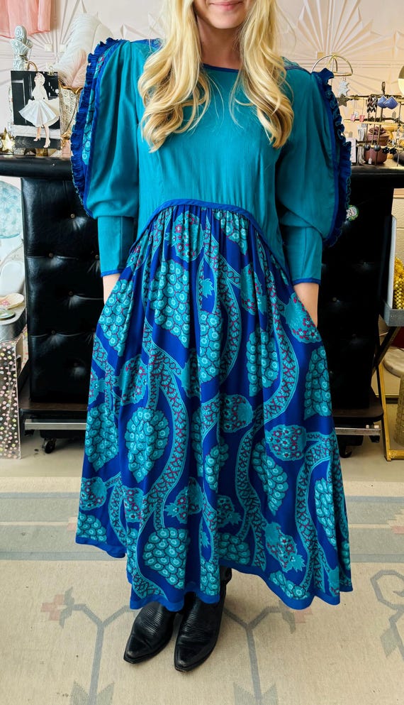1980s Jeanne Marc Mixed Prints Dress with Statement S… - Gem