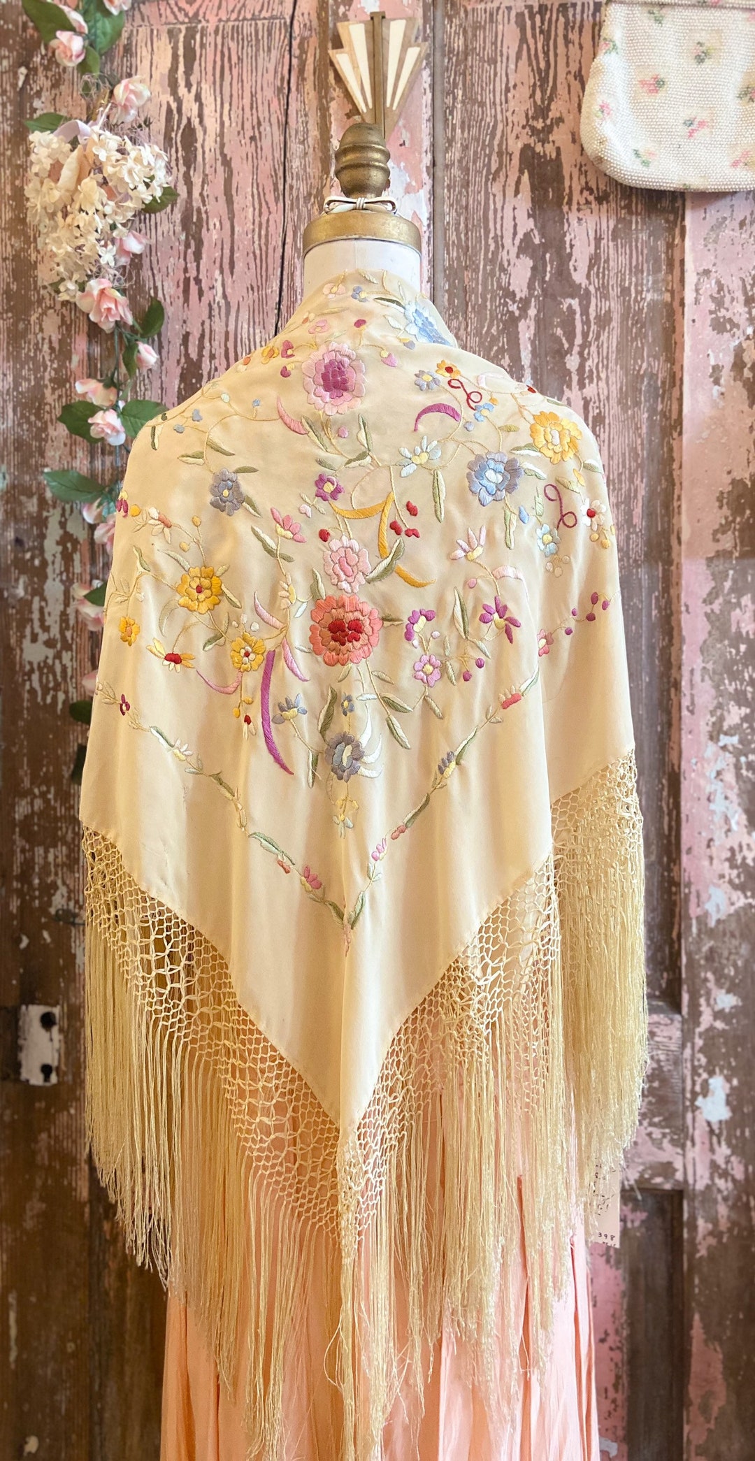 1920s Silk Fringe Piano Shawl With Pastel Floral Embroidery - Etsy