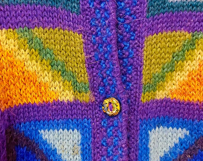 1980s Colorful Peruvian Alpaca Cardigan With Geometric Print + Hand ...