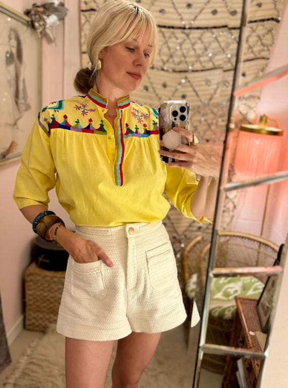 1960s Mexican Cotton Yellow Top with Colorful Embroid… - Gem