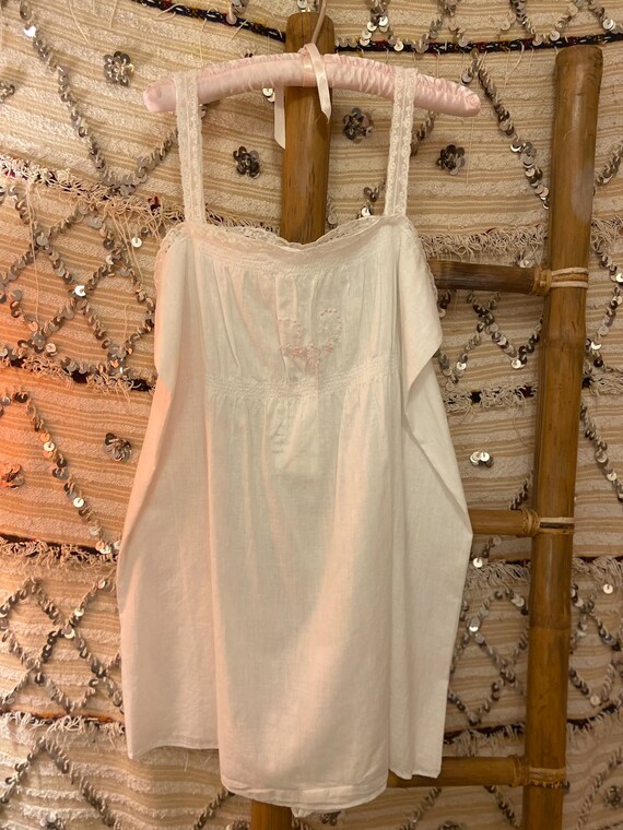 1920s White Cotton Step-In with Pink Floral Embroidery - Gem