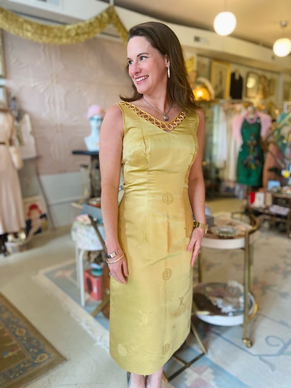 1960s Gold Asian Silk Sheath with Art Deco V Neckline - Gem