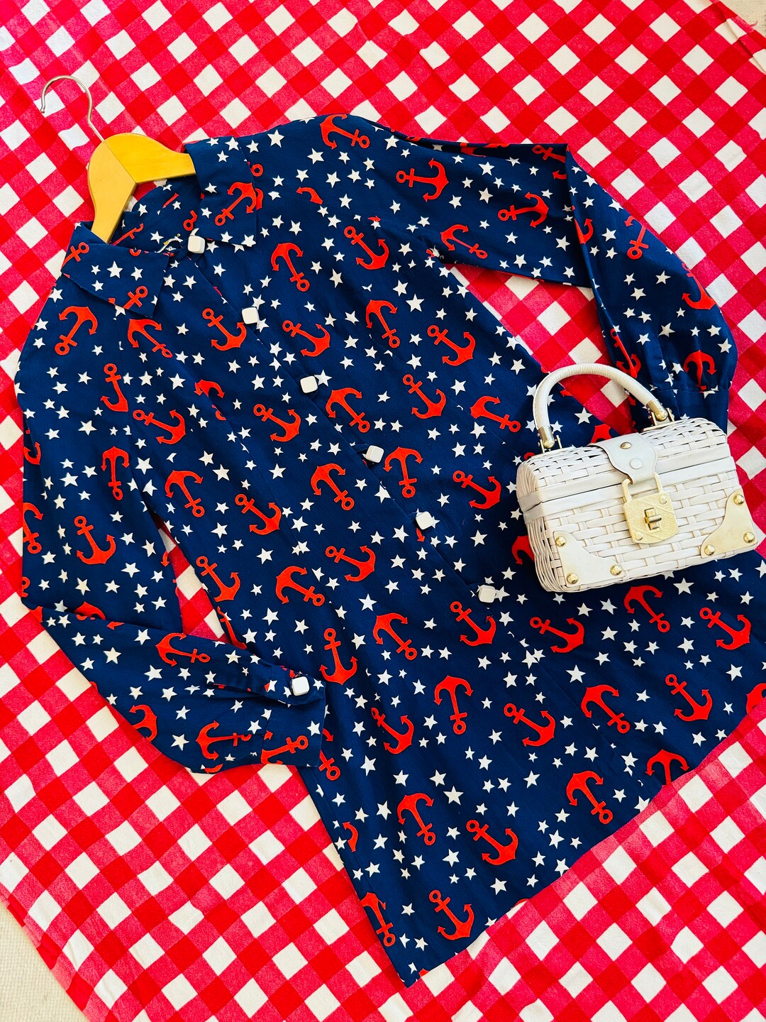 1960s Mod Cotton Nautical Tunic / Mini With White Star Print + Cubed ...
