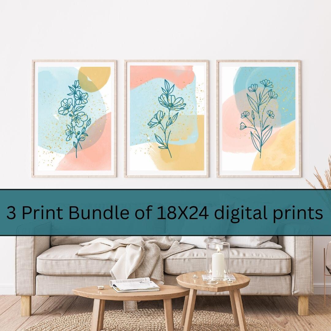 Flower Line Art Prints, Set of 3 Prints, Floral Print, Flower Wall Art ...