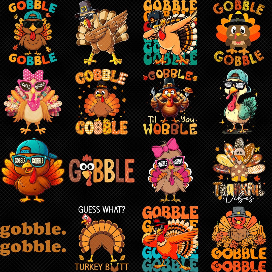 Gobble Turkey Day Clipart Bundle - Thanksgiving PNG Designs, Funny ...