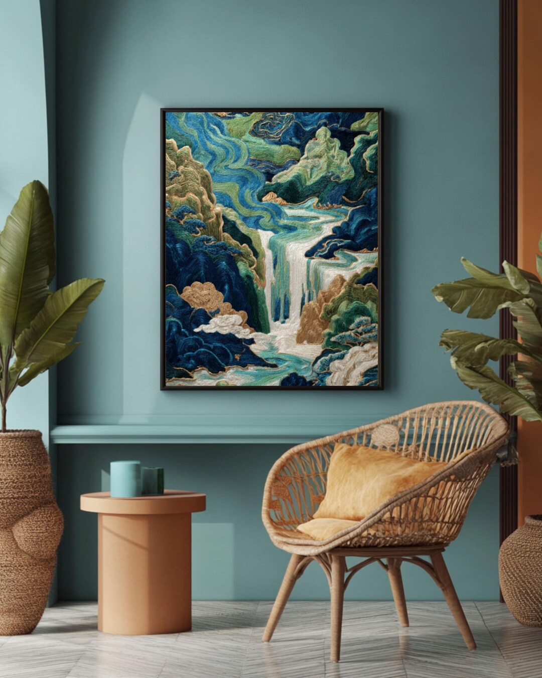 Chinese Embroidery Style Waterfall Art Print: Indigo & Gold Landscape ...