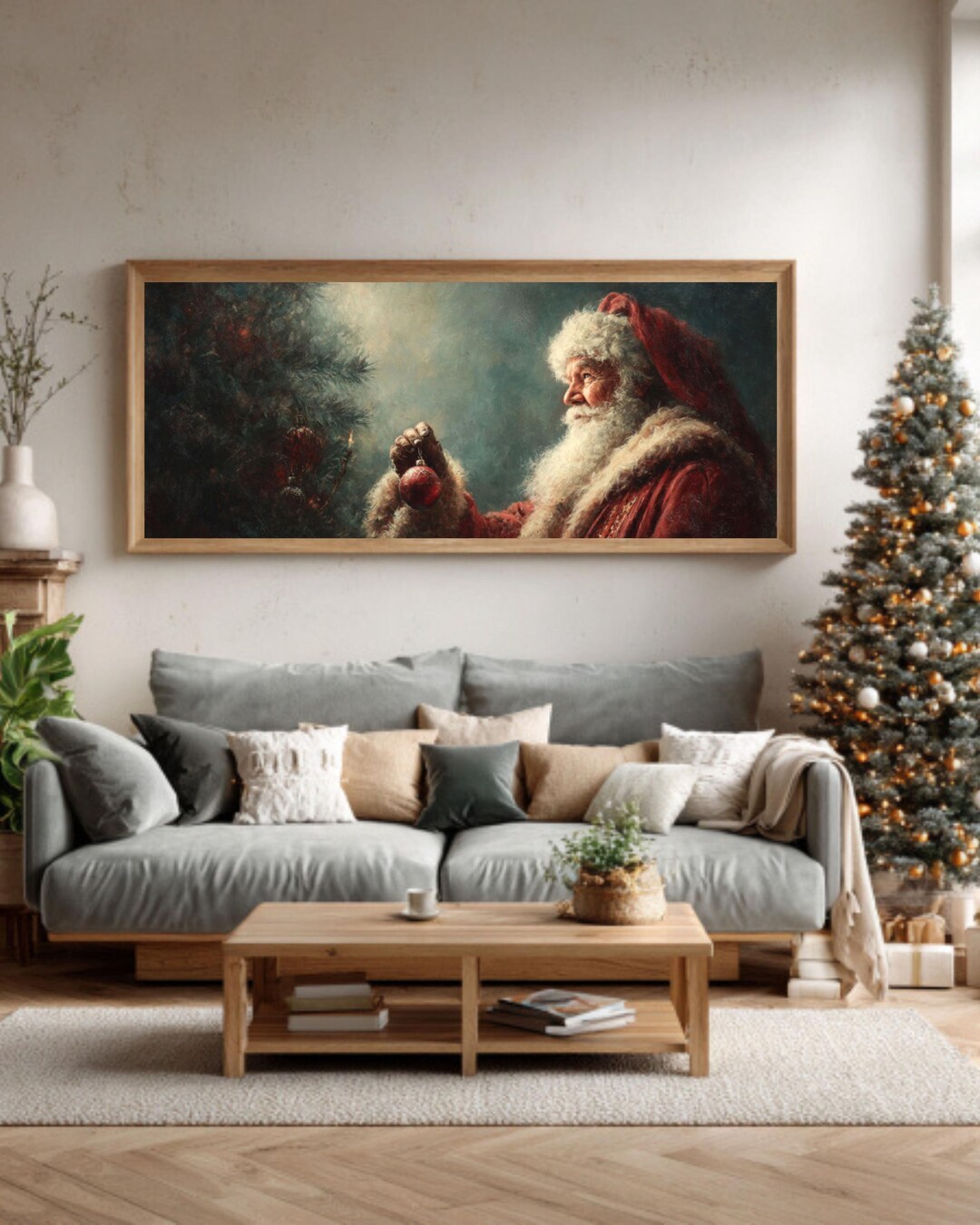 Santa Decorating Tree Canvas – Classic Christmas Oil Painting, Framed ...