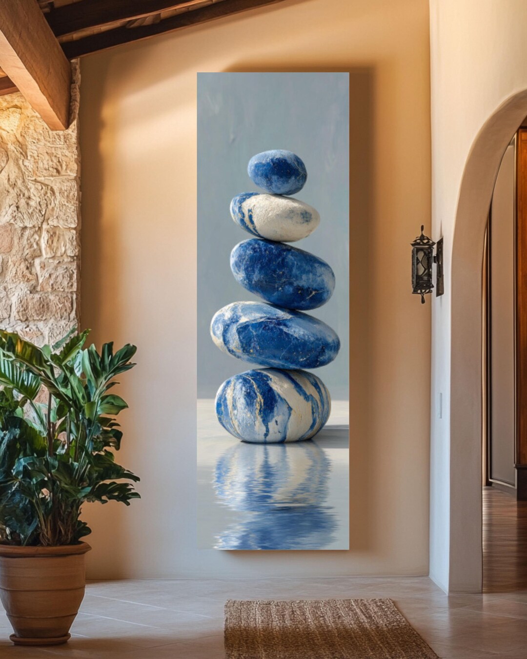 Minimalist Stacked Stone Canvas Art – Indigo Ripple Design, Serene Wall ...