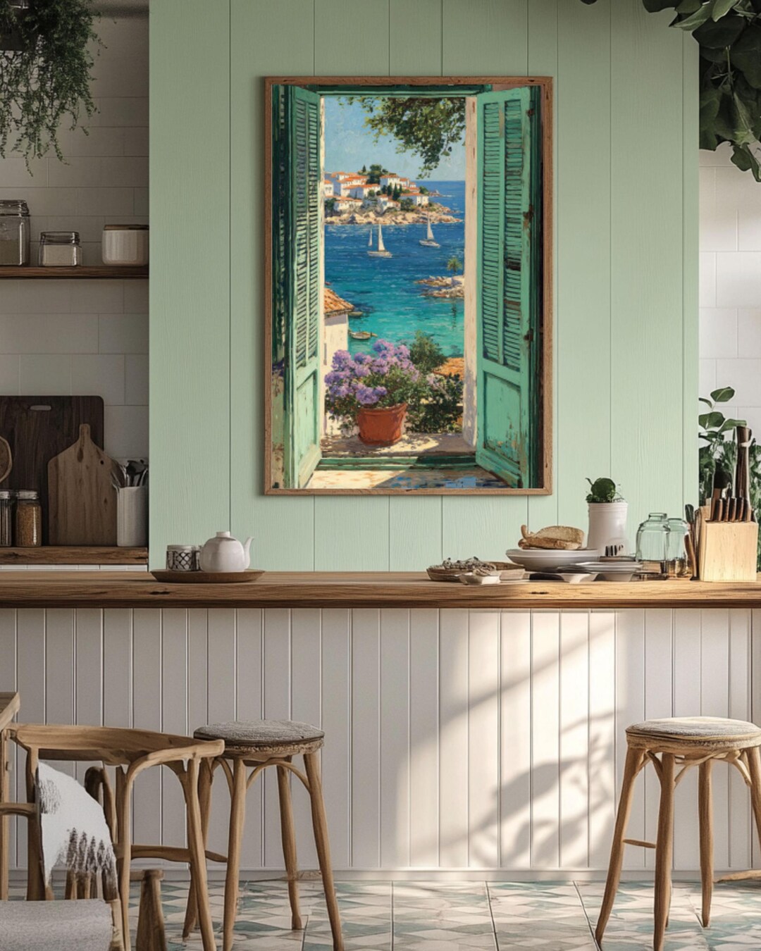 Matisse Style Sea View Art – Coastal Island, Sailboats & Green Shutters ...