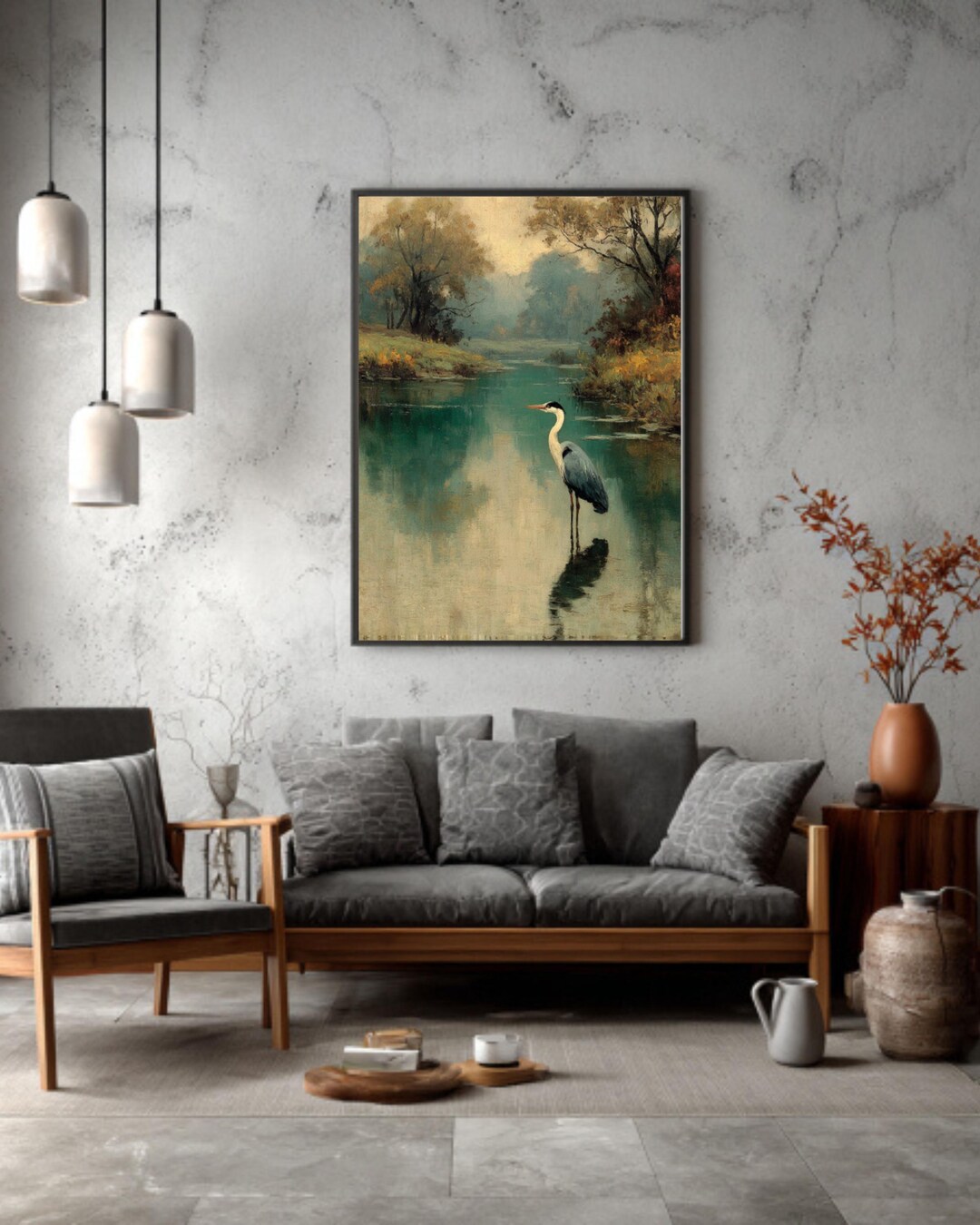 Renaissance Heron River Painting: Vintage Style Nature Art, Muted Tones ...