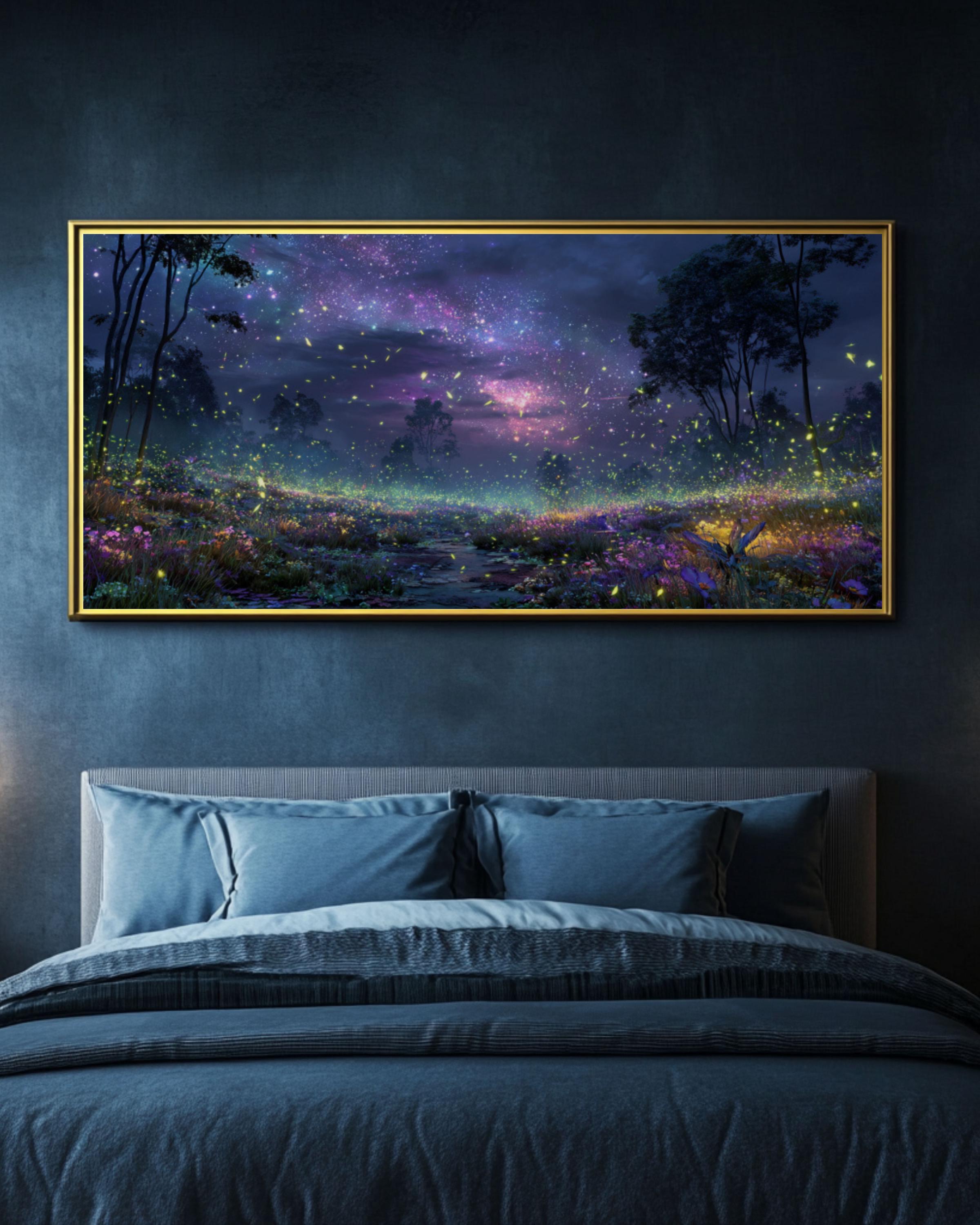 Starry Night Firefly Canvas Print, Glowing Landscape, Hyper-realistic ...