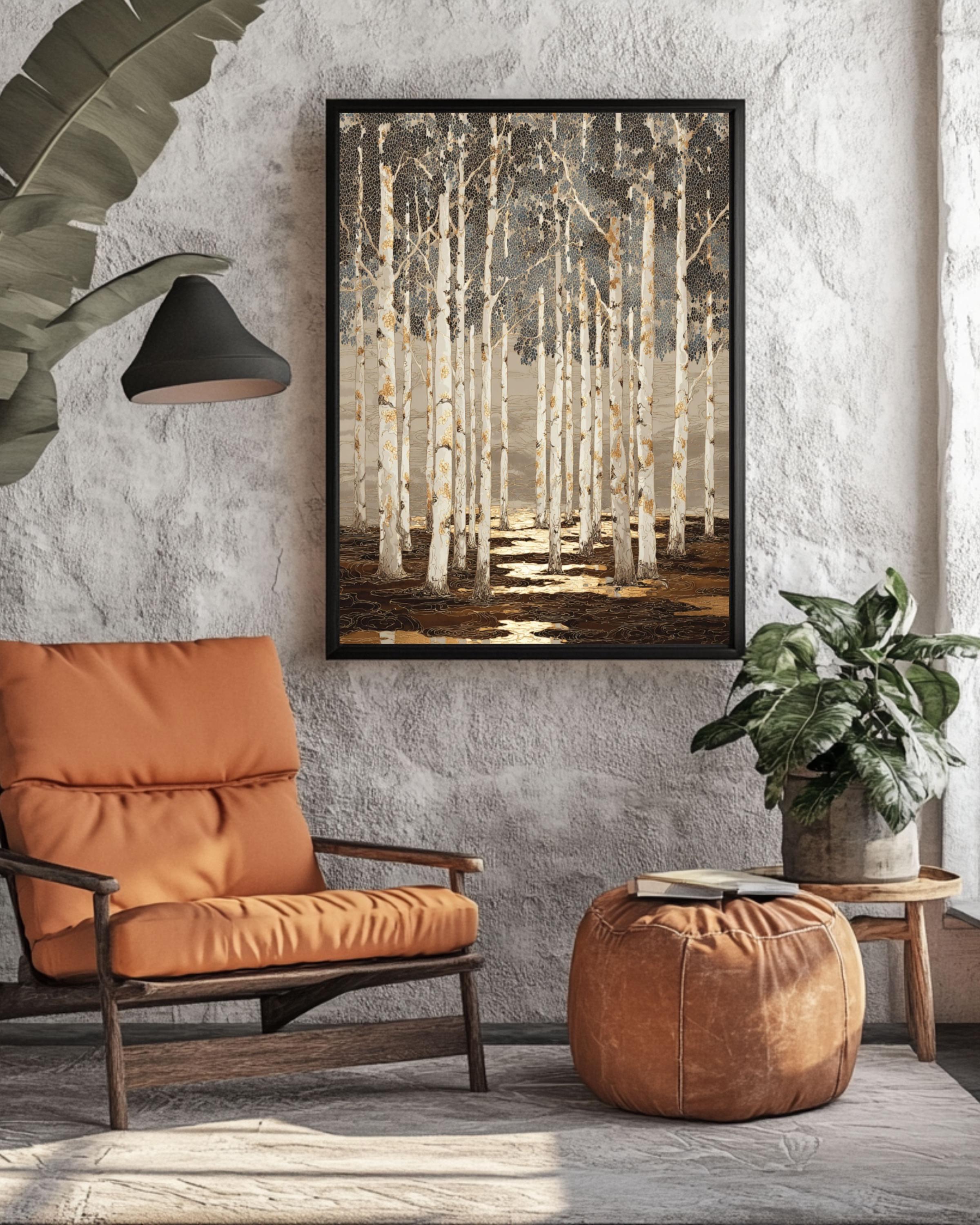 Batik Birch Tree Forest Art Print: Tan, Black & Gold Highlights - Etsy