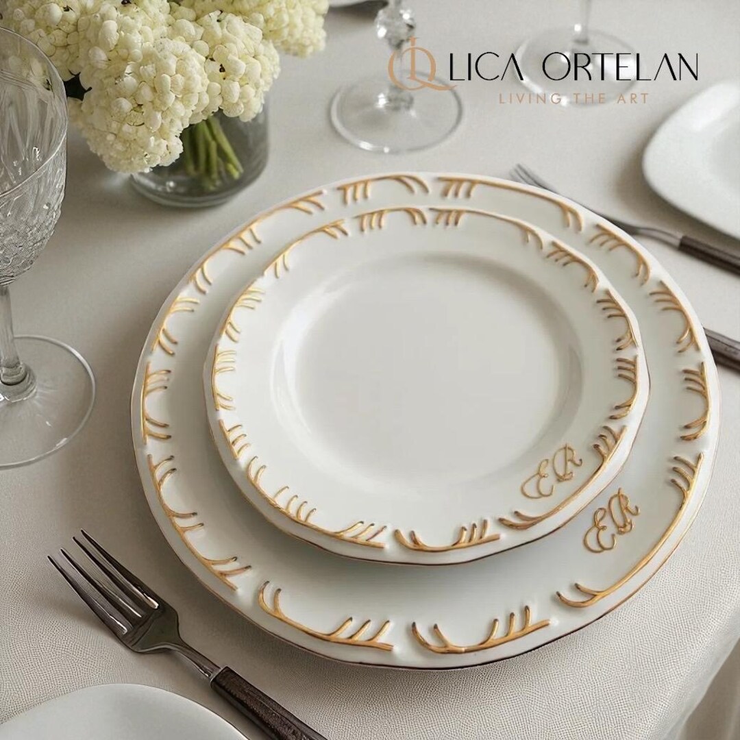Personalized Dinnerware Set –4 Seats- Gold Monogram Plates – Hand ...
