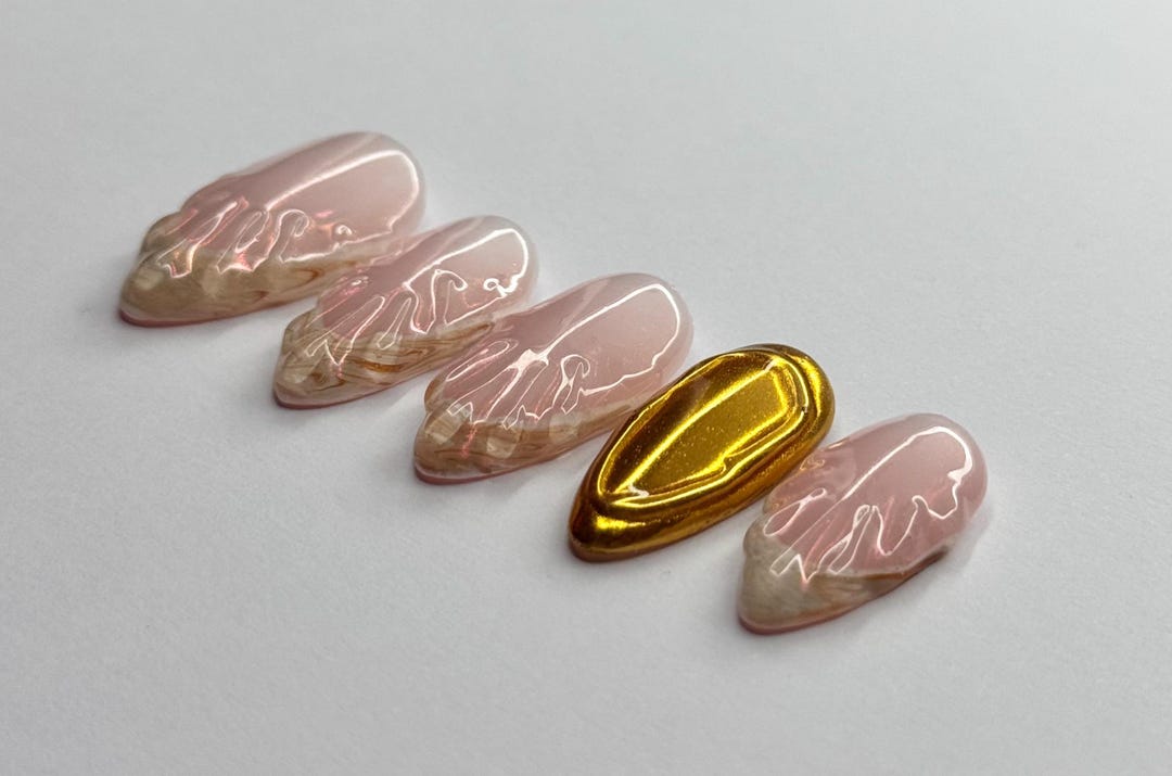 Seashell Press on Nails - Long Almond Nails - 3D Nails - Chrome Nails ...