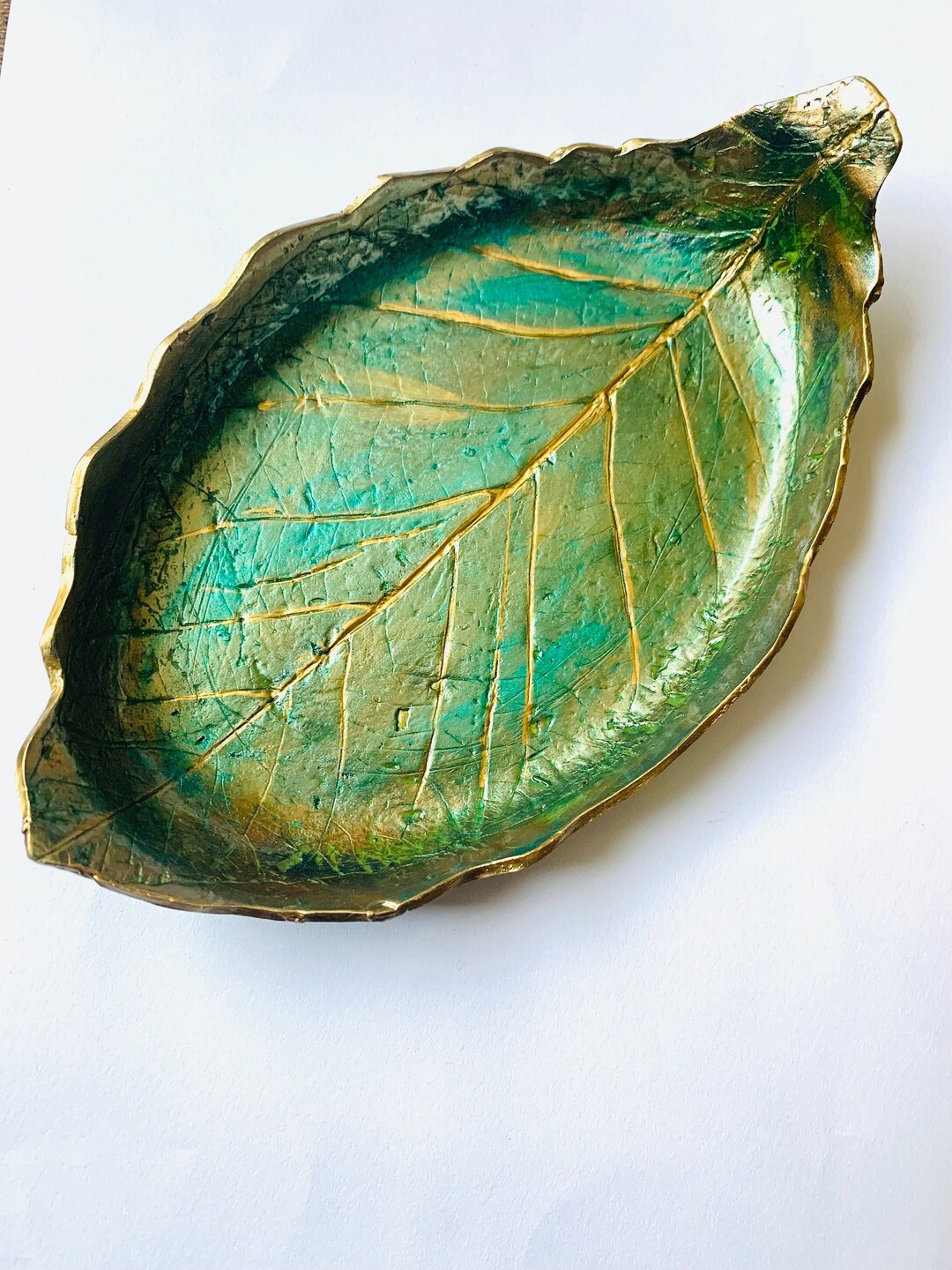 Leaf Trinket Dish, Polymer Clay Handmade Green and Gold Oval Jewelry ...