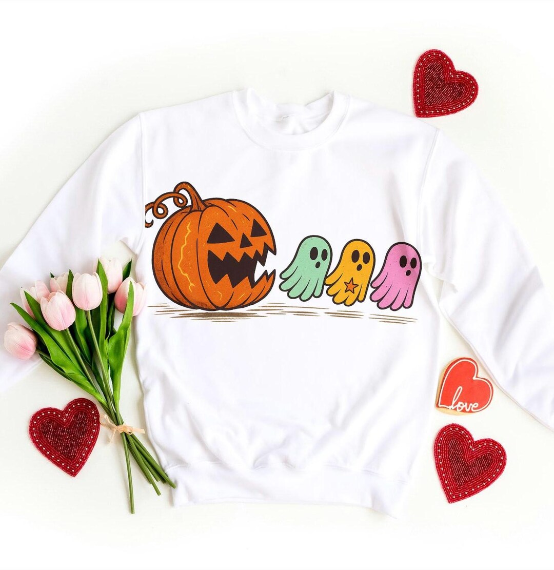 Pumpkin Monster Chasing Pastel Ghosts - Retro Halloween PNG (digital ...