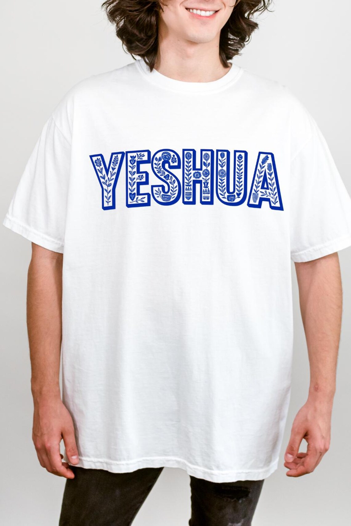Yeshua Block Letters SVG PNG JPG | Blue & White Messianic Floral Design ...