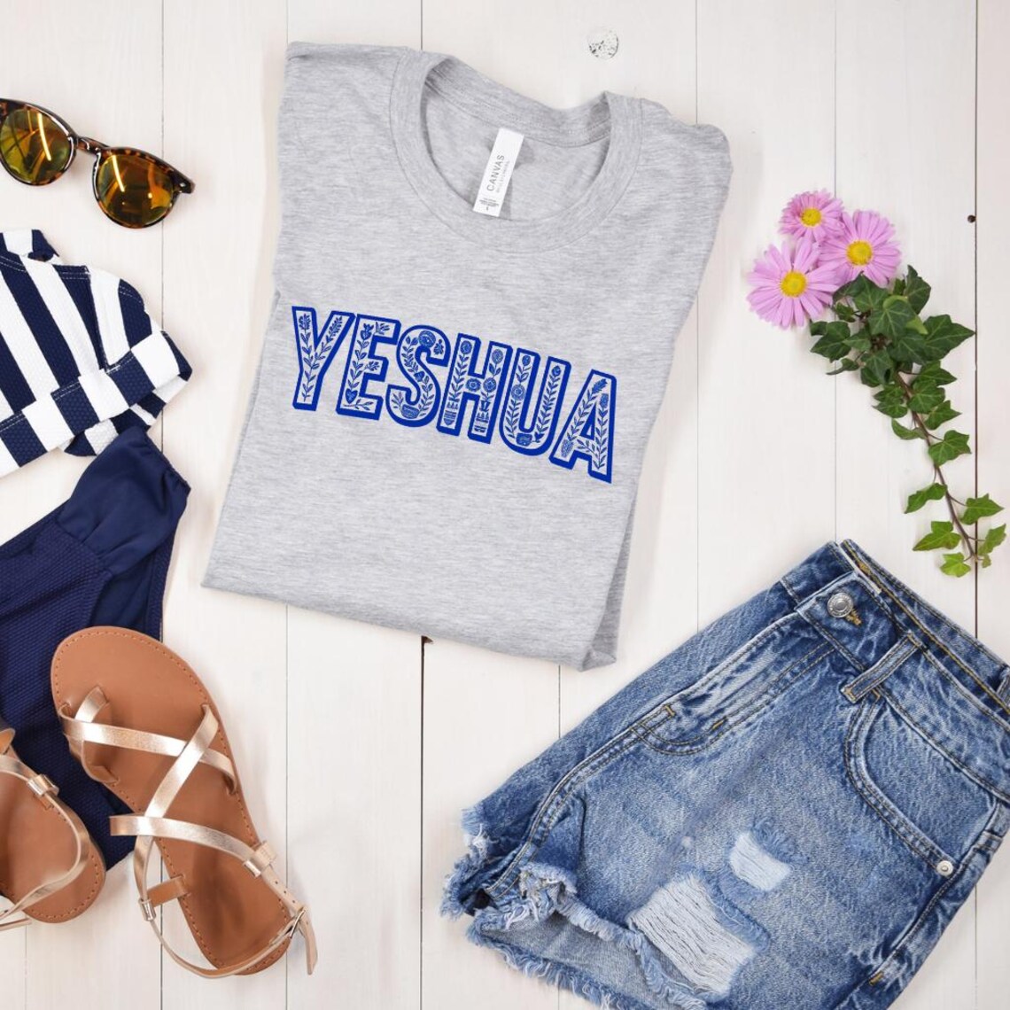 Yeshua Block Letters SVG PNG JPG | Blue & White Messianic Floral Design ...