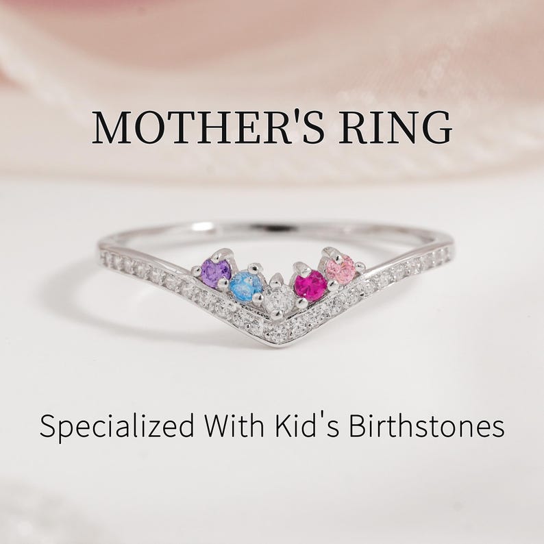 Personalized Birthstone Chevron Ring: Sterling Silver Pavé Family ...