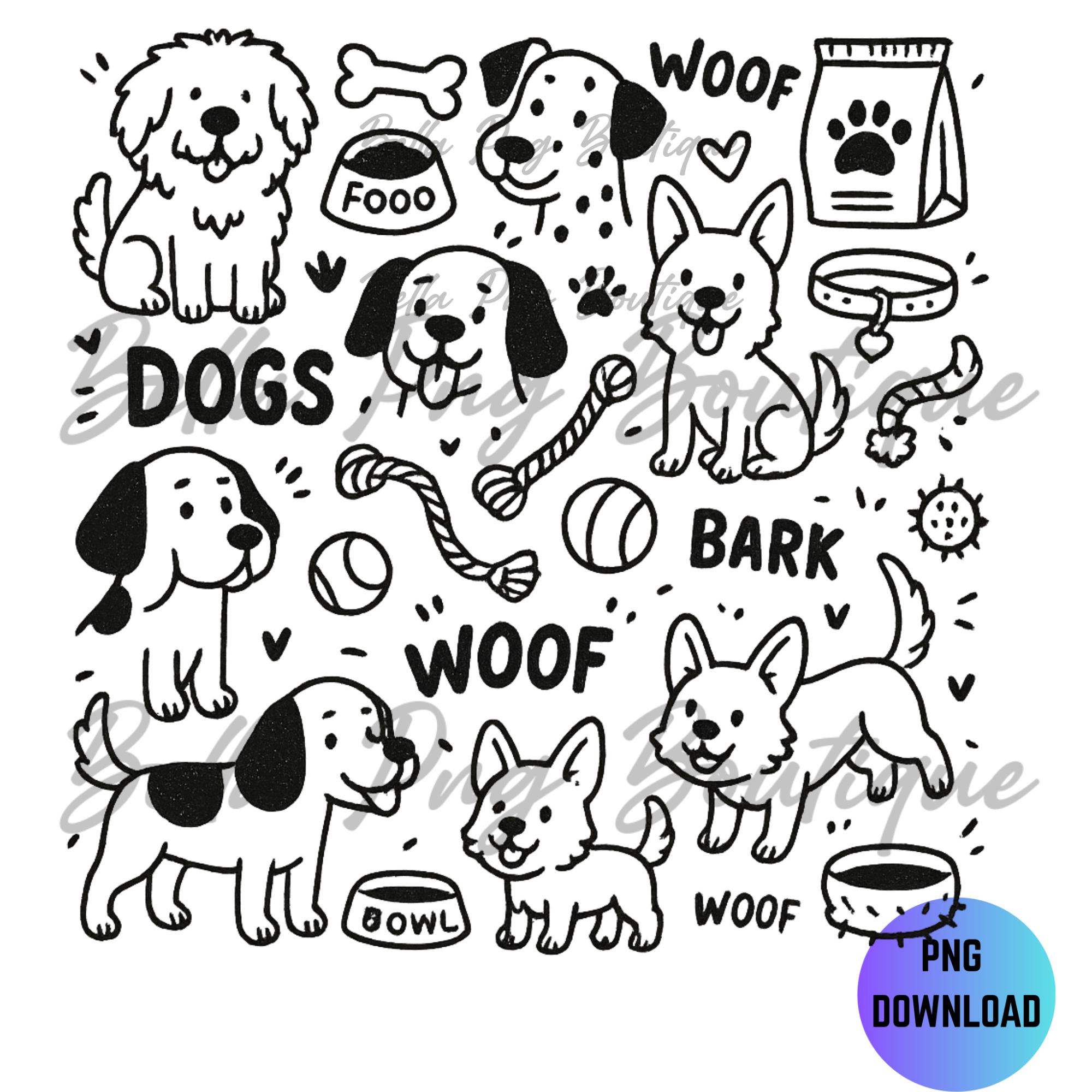 Dog Doodle PNG, Cute Puppy Line Art Clipart With Toys, Bones, and Woof ...