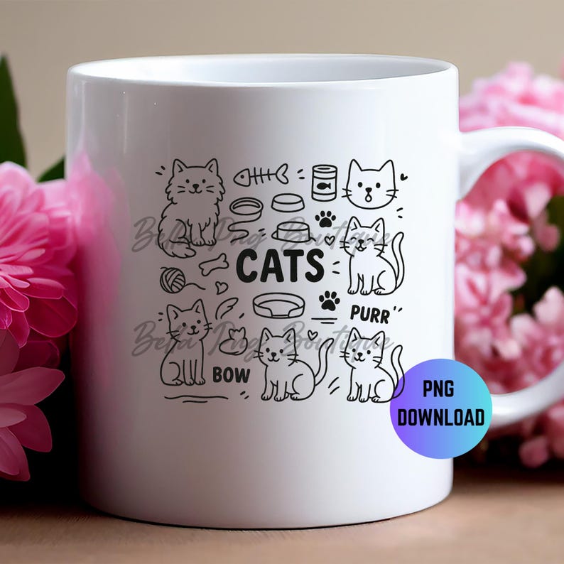 Cat Doodle PNG, Cute Kitten Clipart With Bowls, Yarn & Paws, Black Line ...