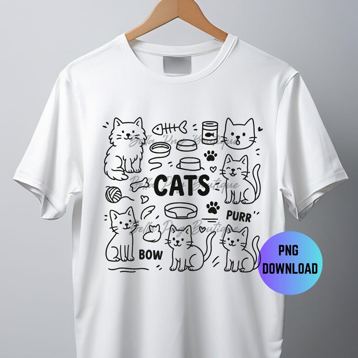 Cat Doodle PNG, Cute Kitten Clipart With Bowls, Yarn & Paws, Black Line ...