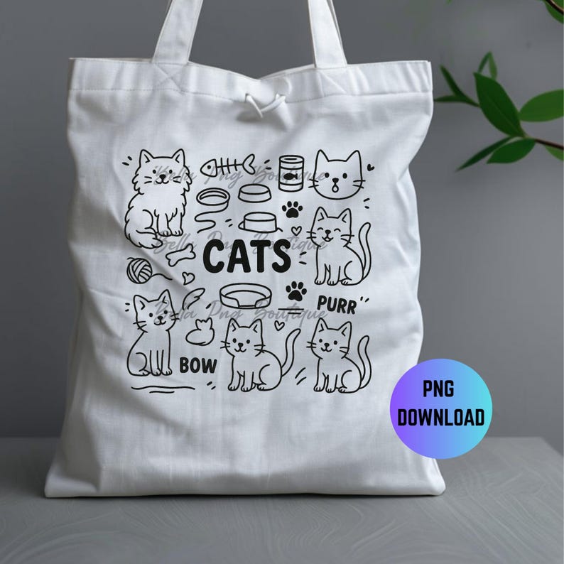 Cat Doodle PNG, Cute Kitten Clipart With Bowls, Yarn & Paws, Black Line ...