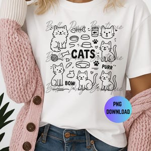 Cat Doodle PNG, Cute Kitten Clipart With Bowls, Yarn & Paws, Black Line ...