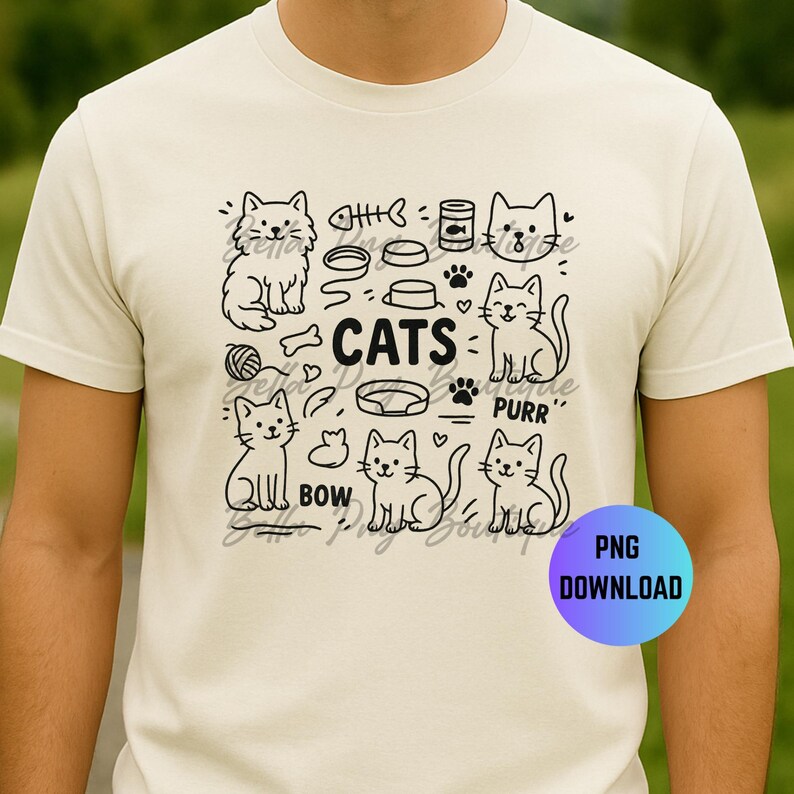 Cat Doodle PNG, Cute Kitten Clipart With Bowls, Yarn & Paws, Black Line ...